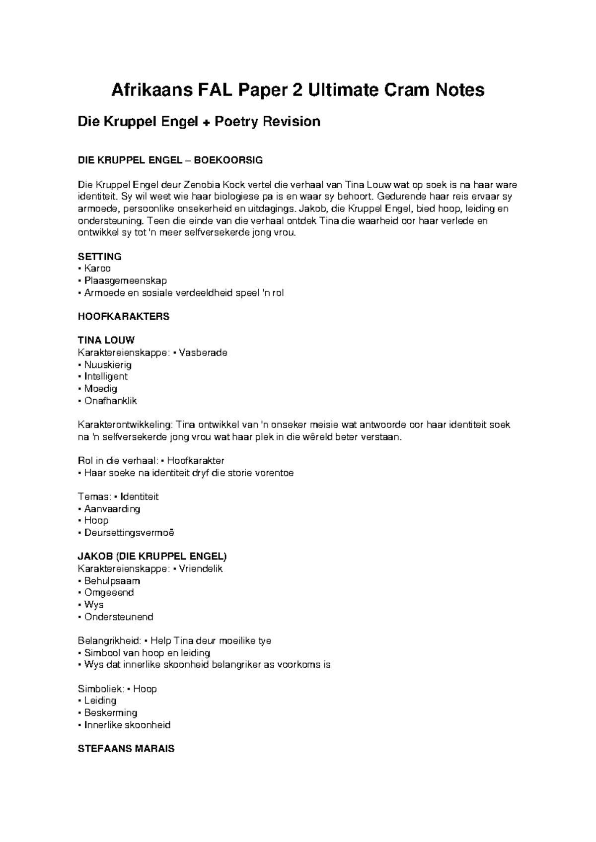 Afrikaans FAL Paper 2 Cram Notes: Die Kruppel Engel Poetry Revision ...