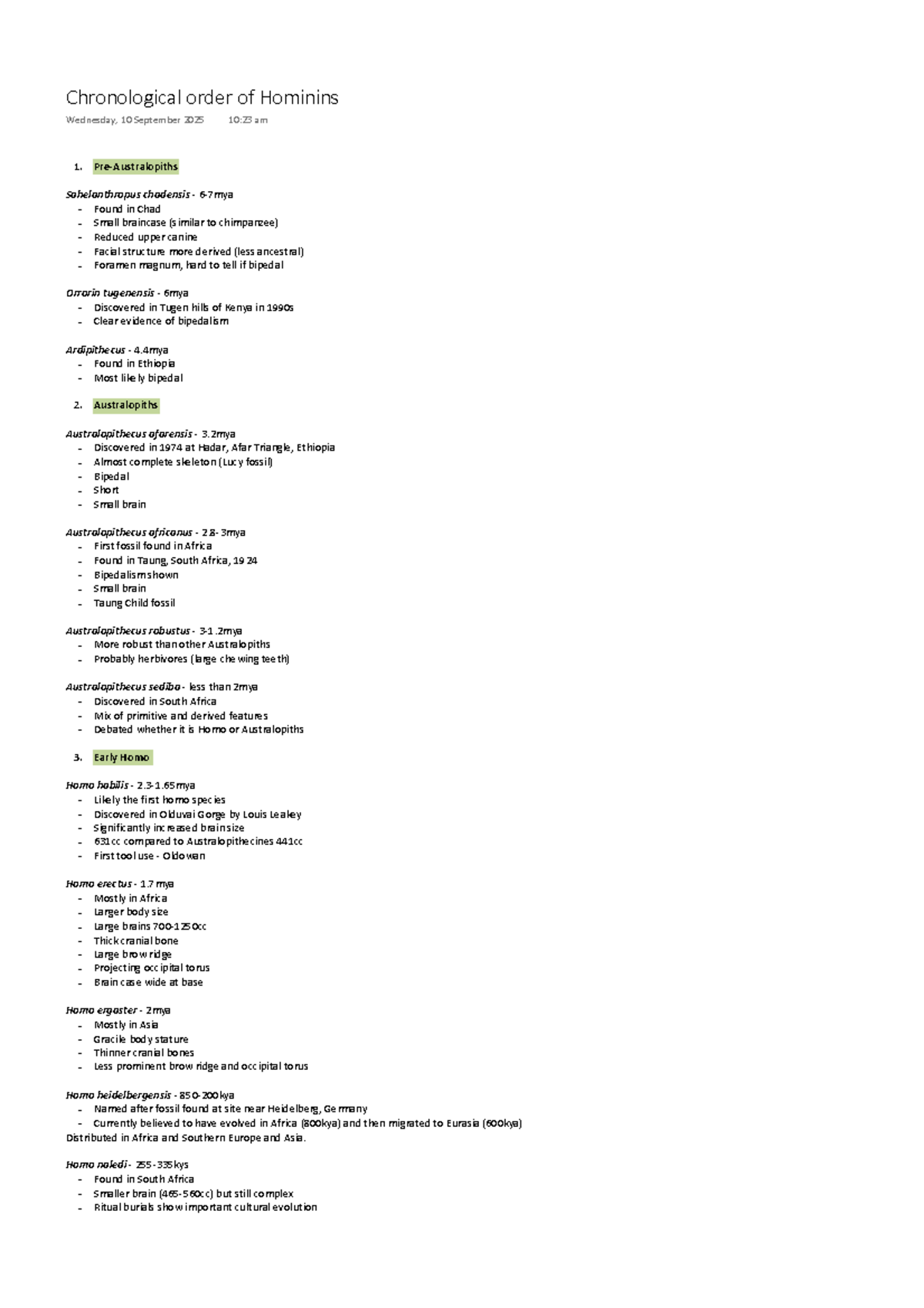 Chronological Order of Hominins: Evolutionary Timeline Study - Studocu
