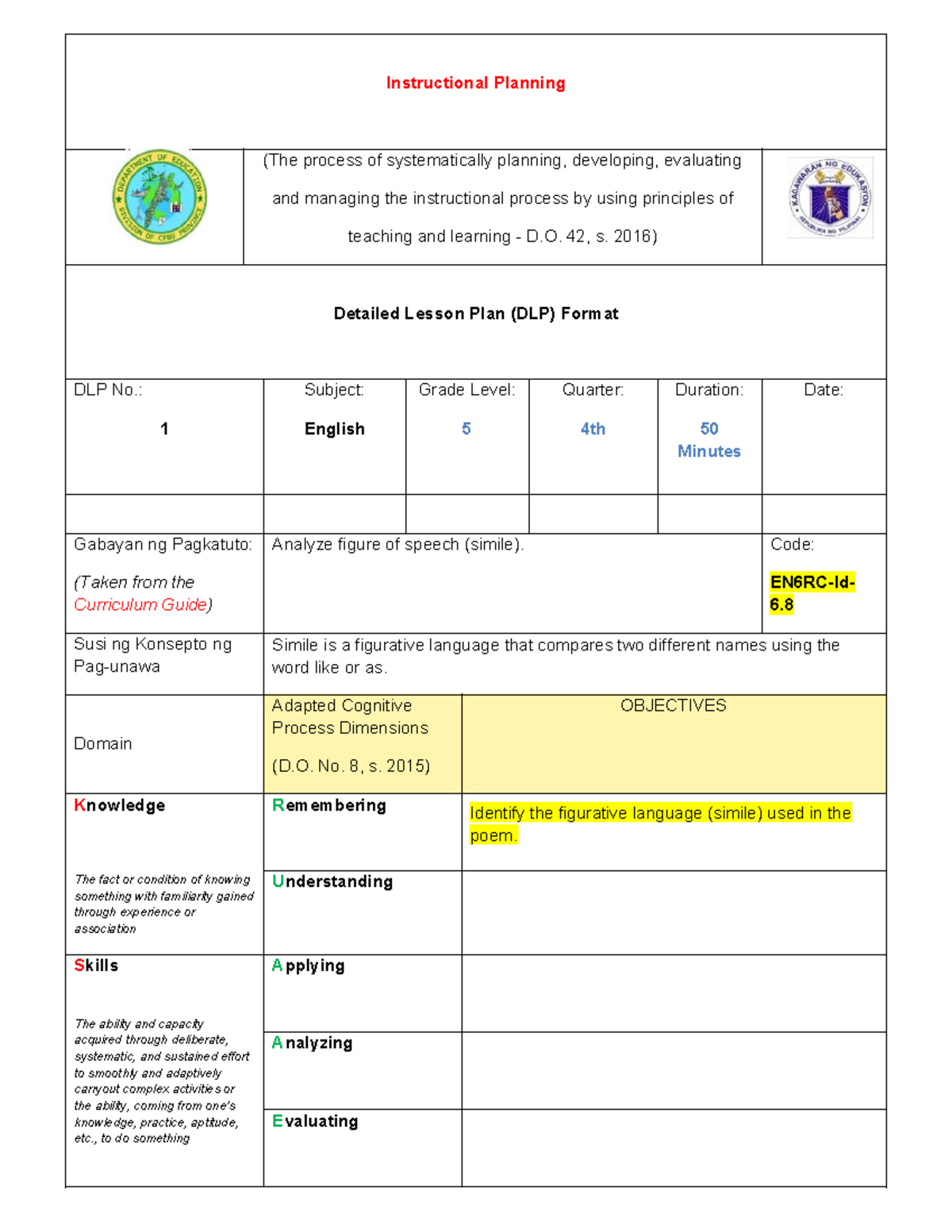 LP English 6 Simile - lesson plan example - Instructional Planning (The ...