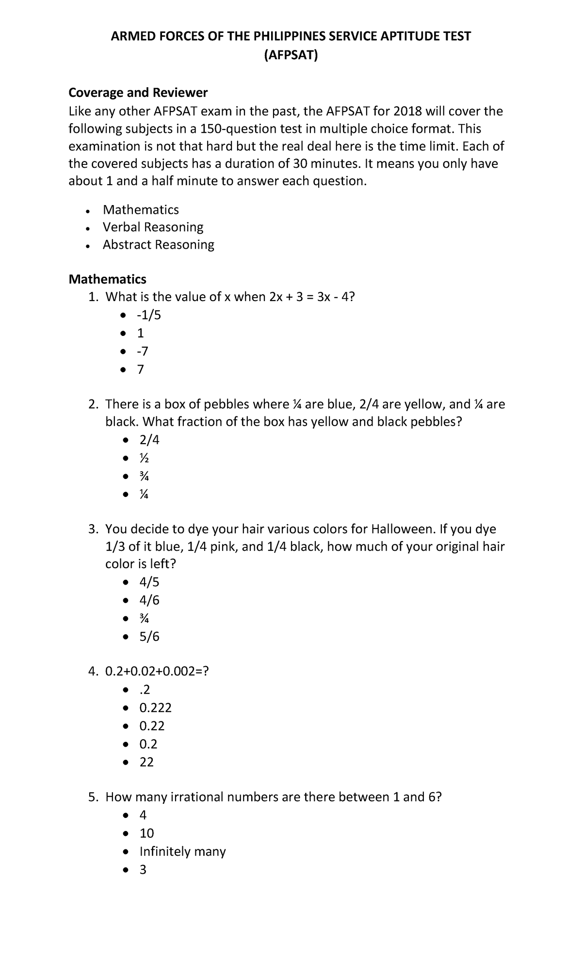 AFPSAT Reviewer and Guide for Armed Forces Exam Prep - Studocu