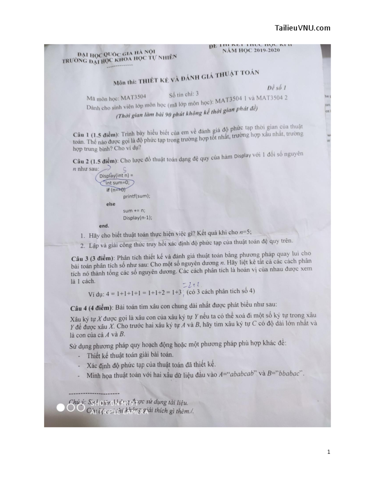 MAT3504 Final Exam: Design and Evaluation of Algorithms - Studocu