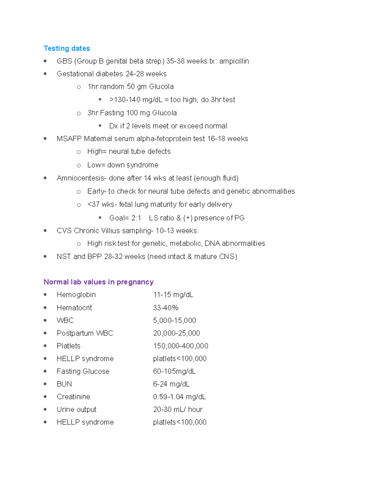Maternity Study Guide - Testing dates GBS (Group B genital beta strep ...