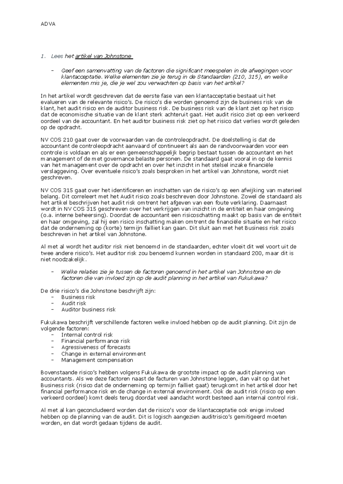ADVA College 2: Klantacceptatie en Audit Risicofactoren Analyseren ...