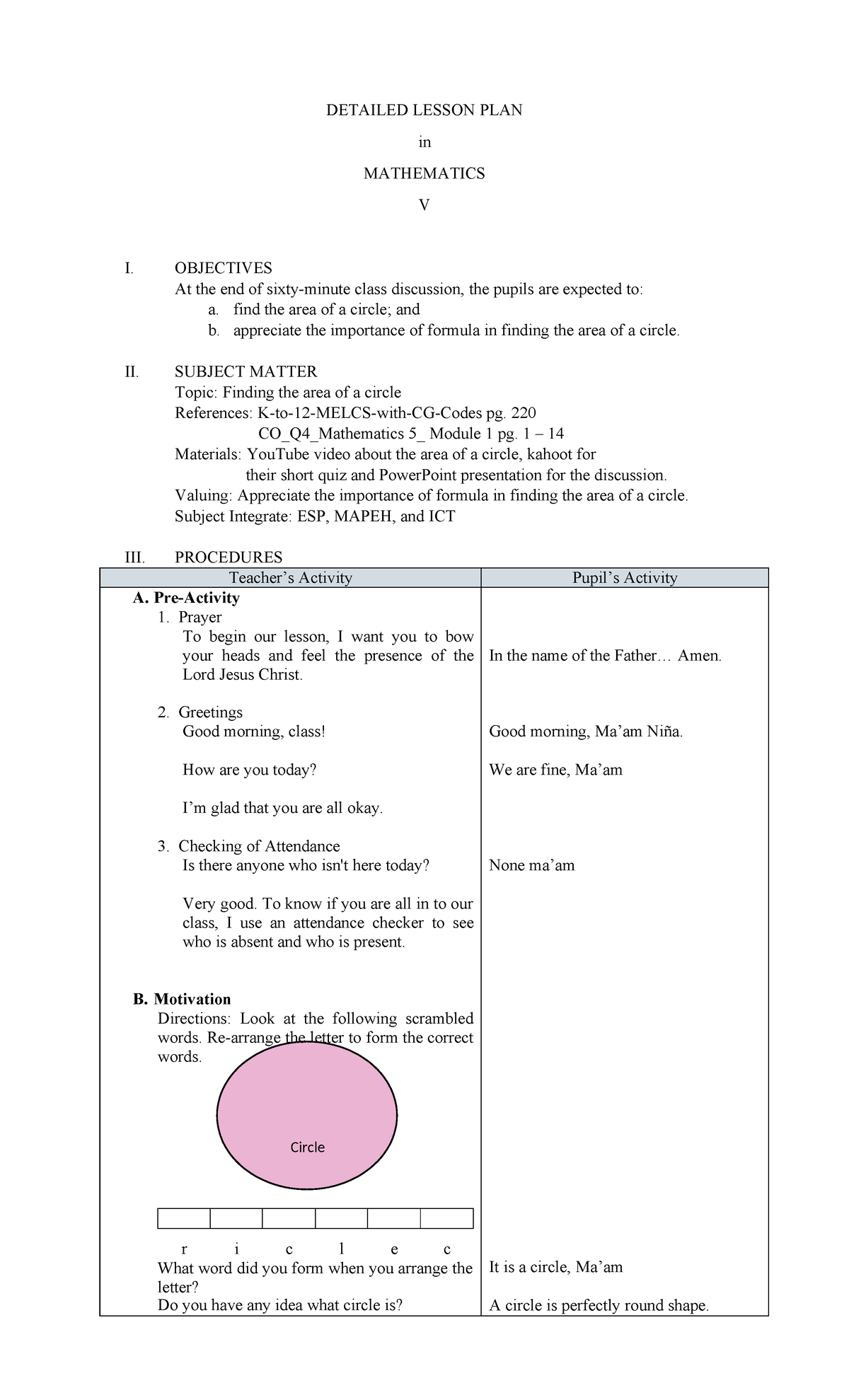 Detailed Lesson Plan on Finding the Area of a Circle (Mathematics 5 ...