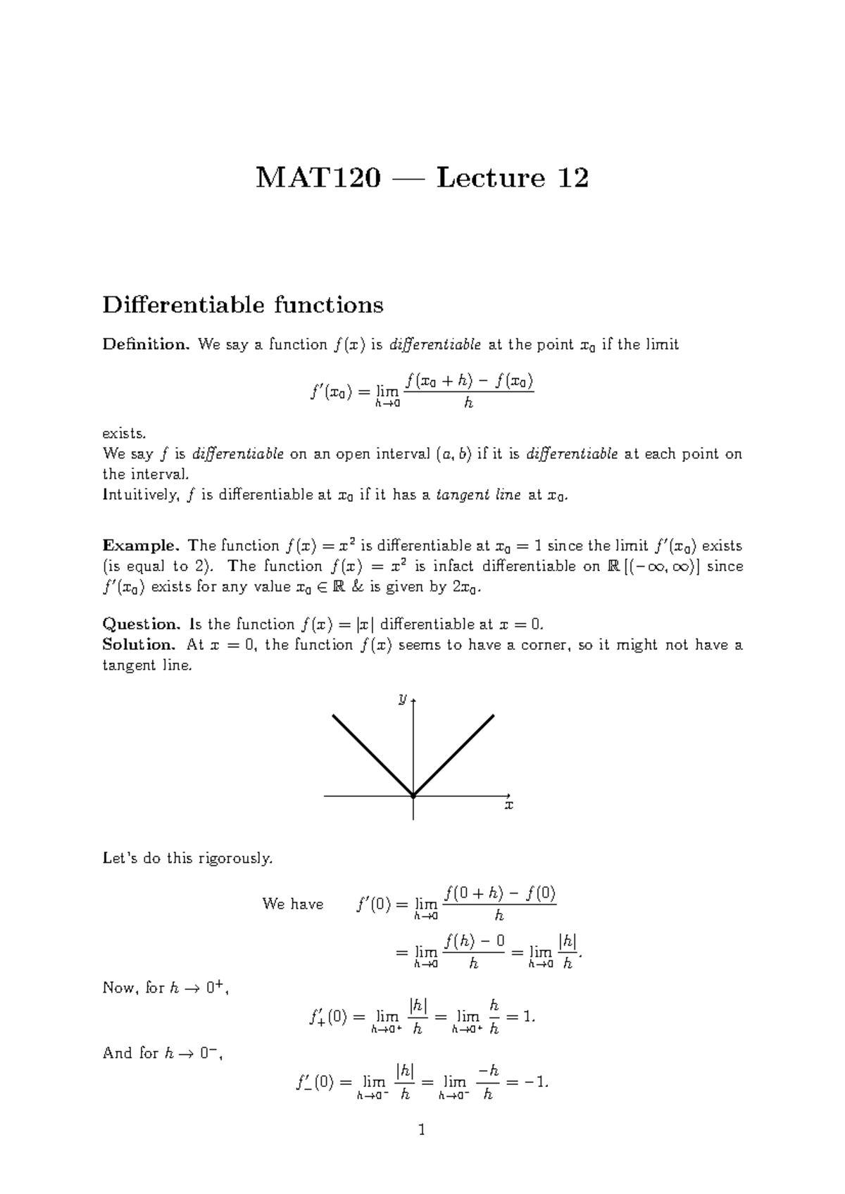 MAT120 Lecture 12: Differentiable Functions and Their Properties - Studocu