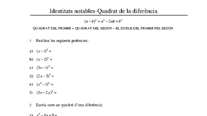 Identitats Notables 1 - Pràctica (Matemàtiques) - Studocu