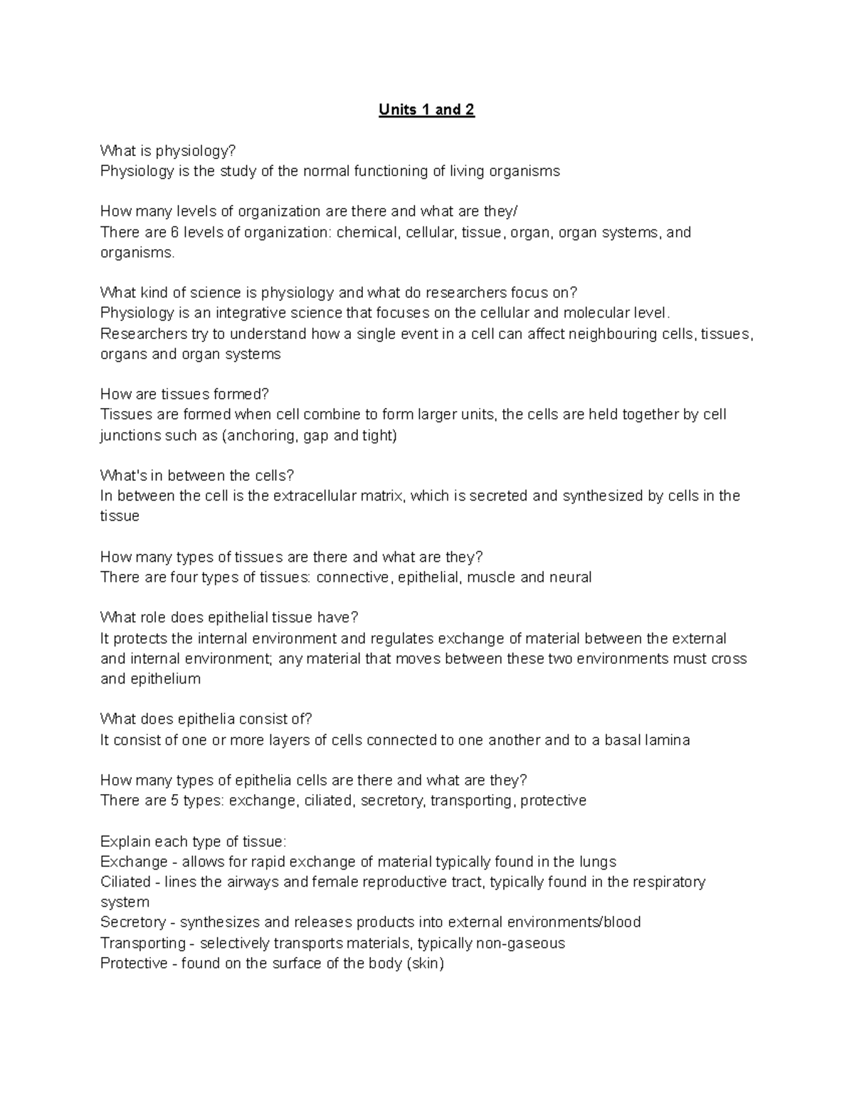 Bio 273 - Study Guide: Understanding Physiology and Tissue Types - Studocu