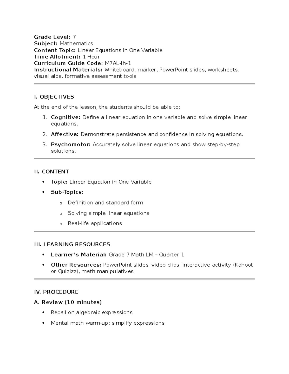 Grade 7 Math Lesson Plan: Linear Equations in One Variable - Studocu