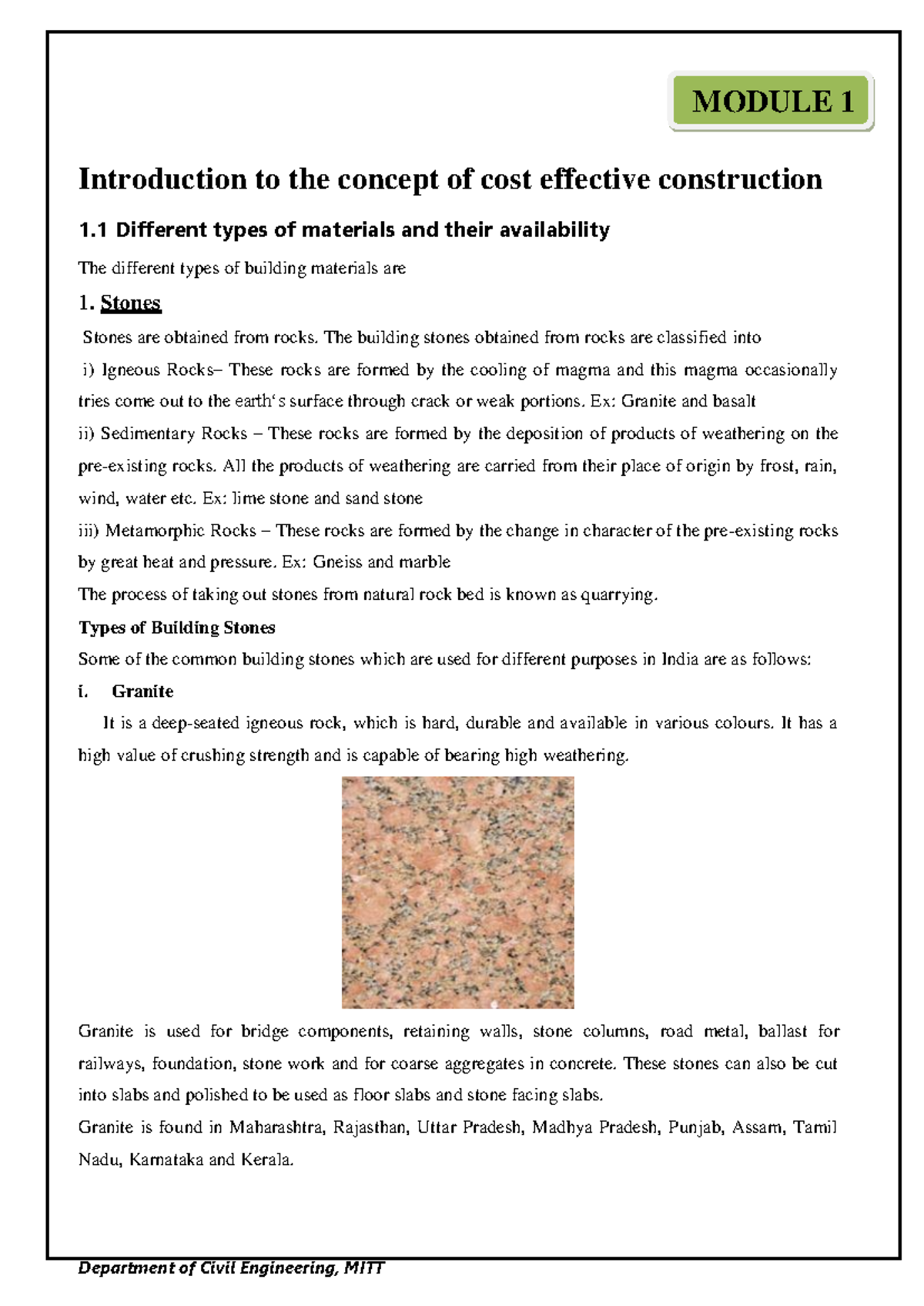 MODULE 1: Introduction to Cost-Effective Construction Materials - Studocu