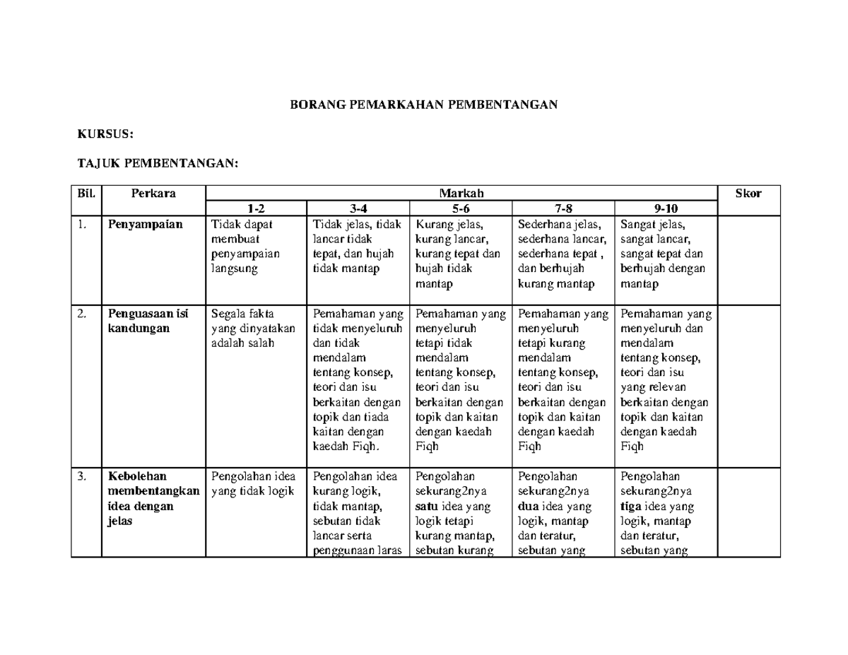 Rubrik Penilaian Pembentangan untuk Kursus (KOD KURSUS) - Studocu