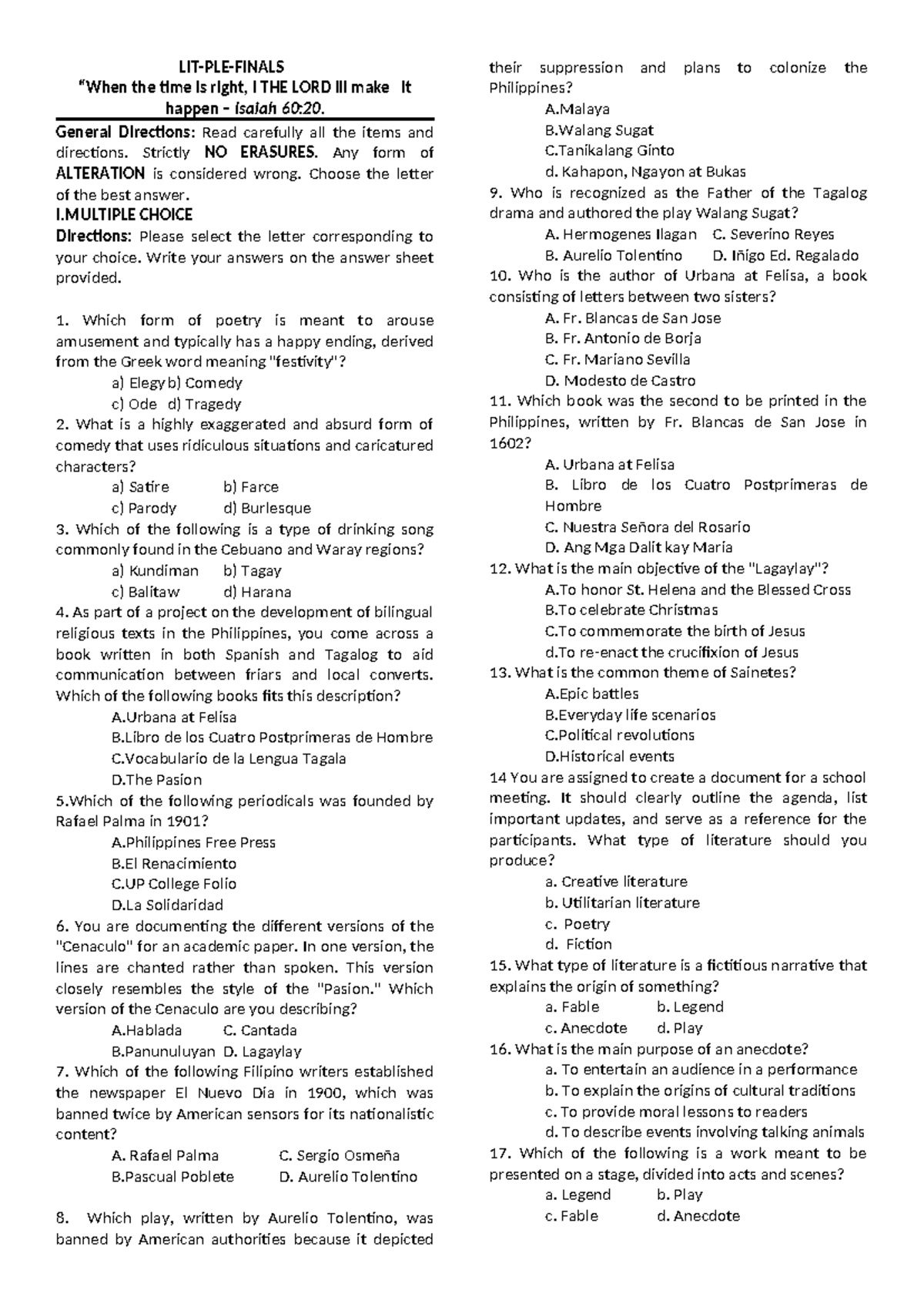 PHIL LIT Final Exam Review with Answer Keys and Solutions - Studocu