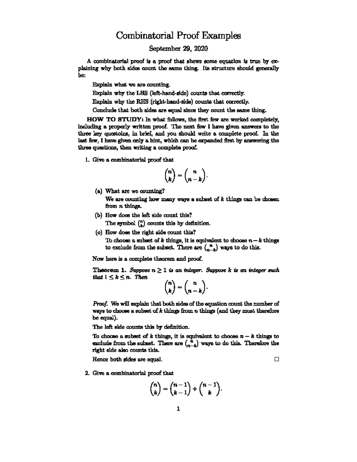 Combinatorial Proof Examples (MATH 101) - Study Guide - Studocu