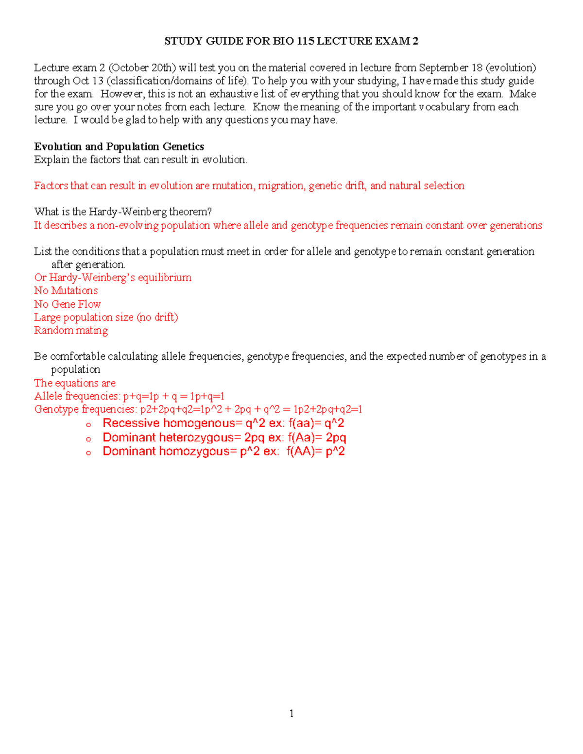 Study Guide for BIO 115 Lecture Exam 2: Evolution & Classification ...