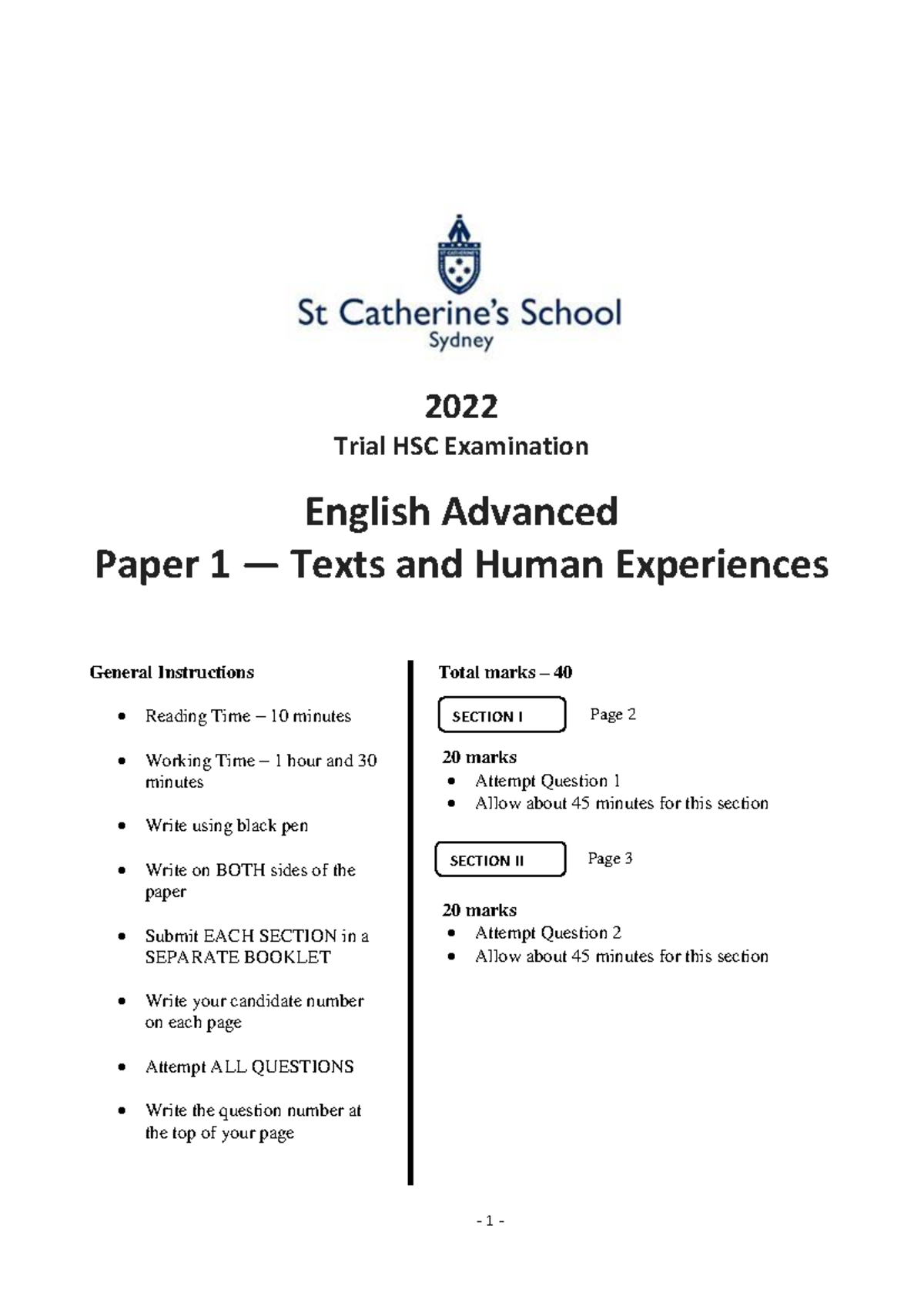 St Caths 2022 Trial Paper 1 ALL - 2022 Trial HSC Examination English ...