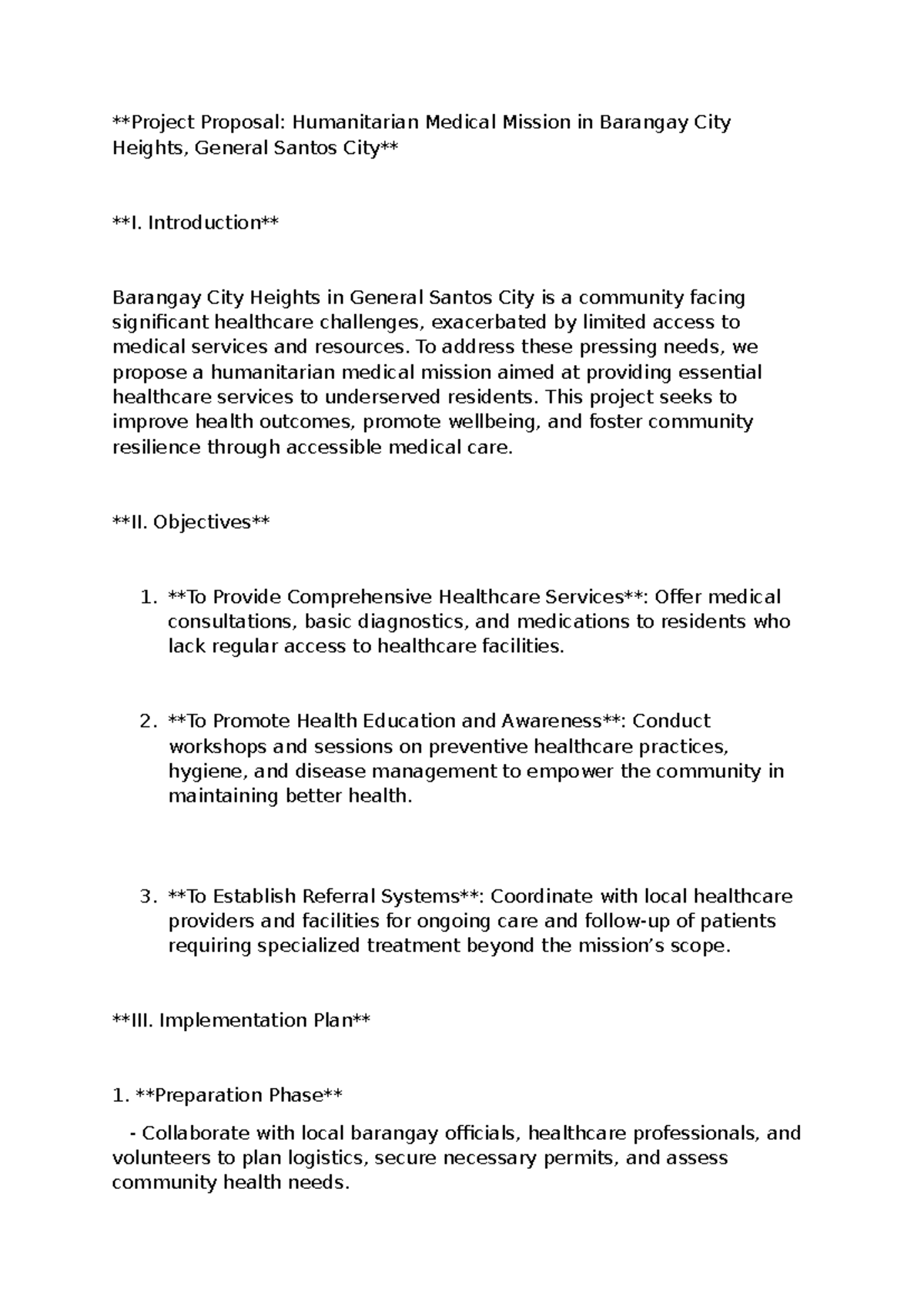 Proposal: Humanitarian Medical Mission in Barangay City Heights - Studocu