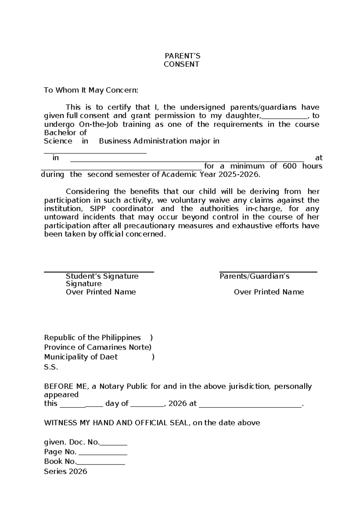 Parents' Consent for Training - BSBA Course Requirements - Studocu