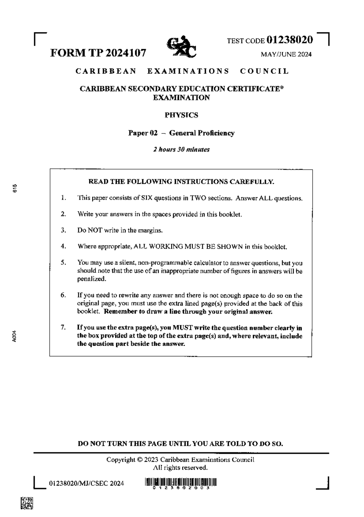 CSEC Physics 01238/020 Paper 02 Exam June 2024 Guide - Studocu