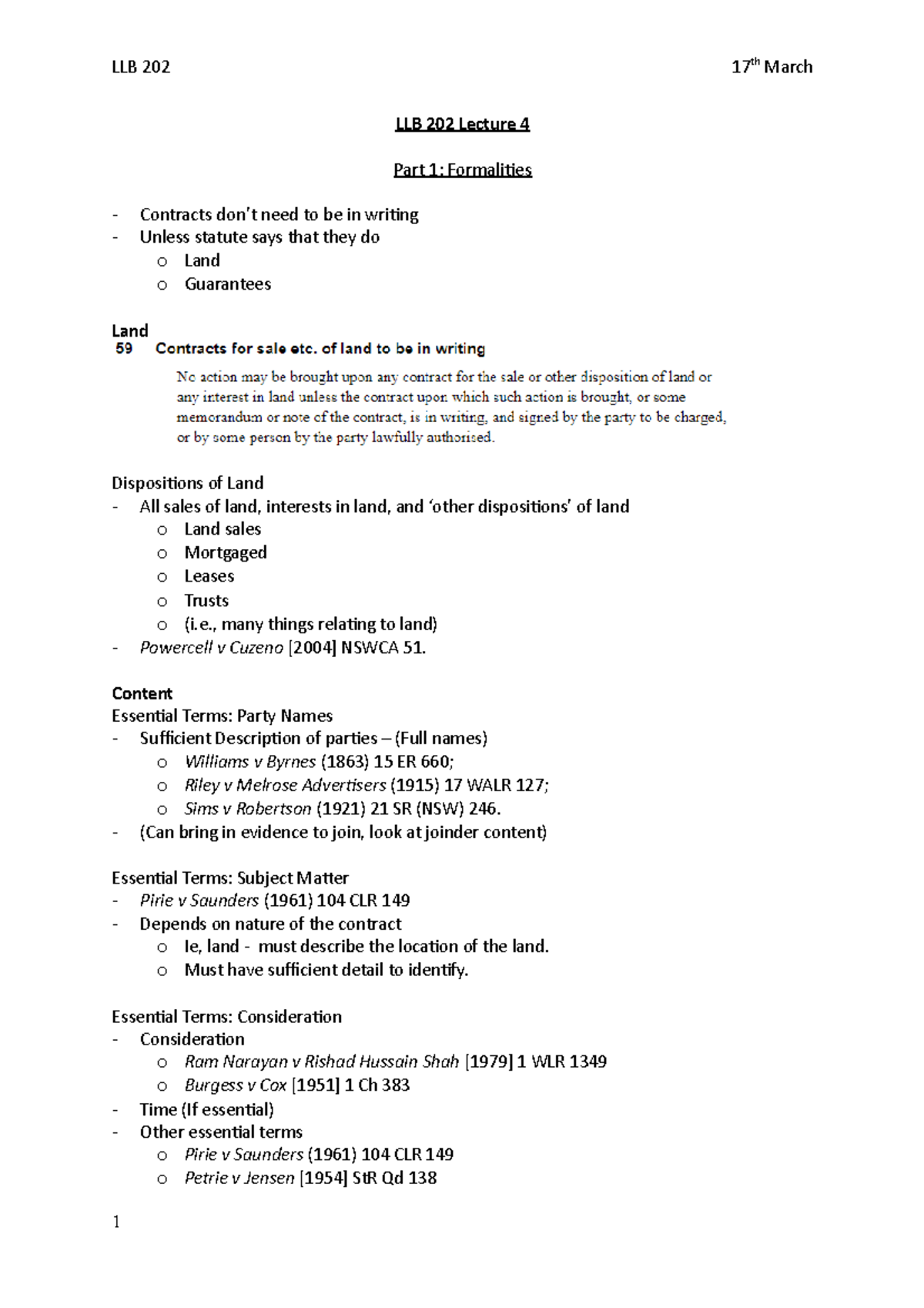 LLB202 Lec 4 - LLB 202 Lecture 4 Part 1: Formalities Contracts don’t ...