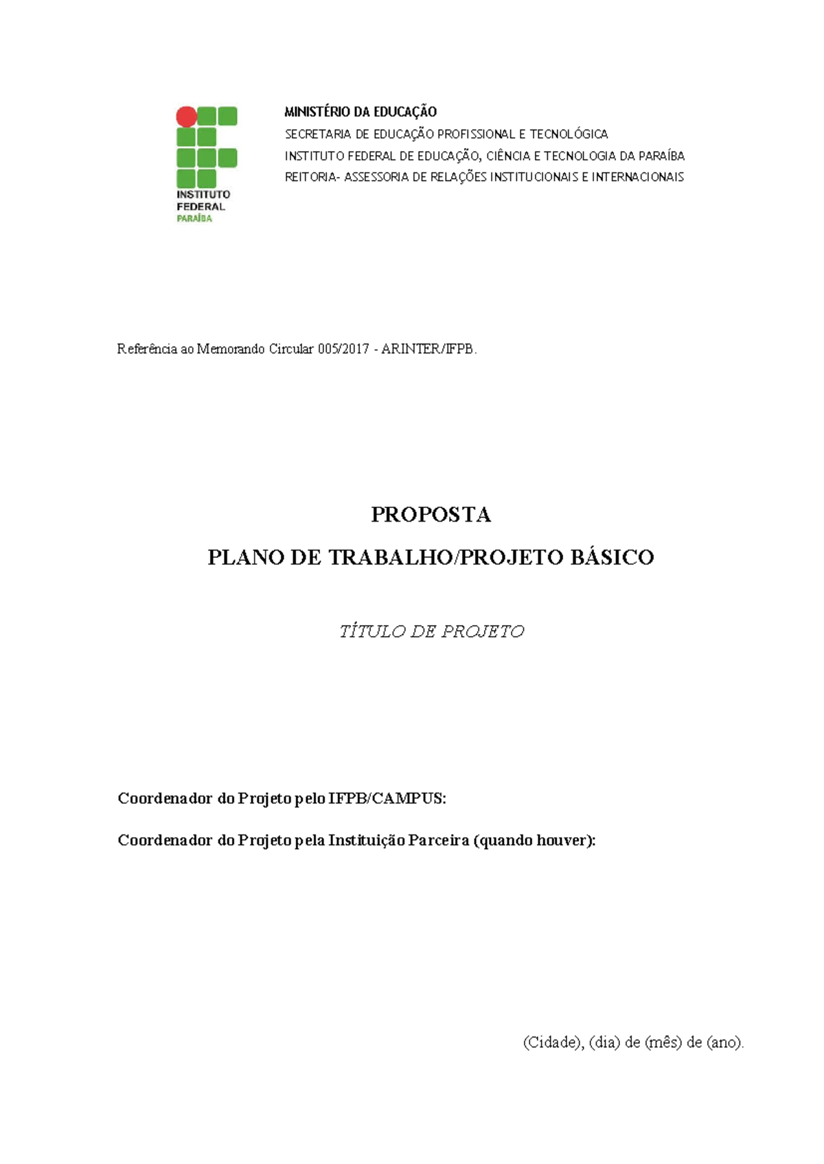 Modelo de Plano de Trabalho - Proposta do Projeto Institucional IFPB ...