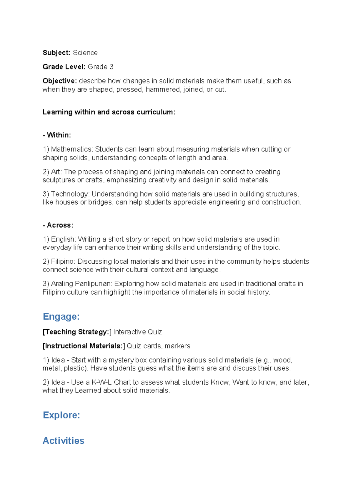 Science Lesson Plan: Exploring Solid Materials in Grade 3 - Studocu