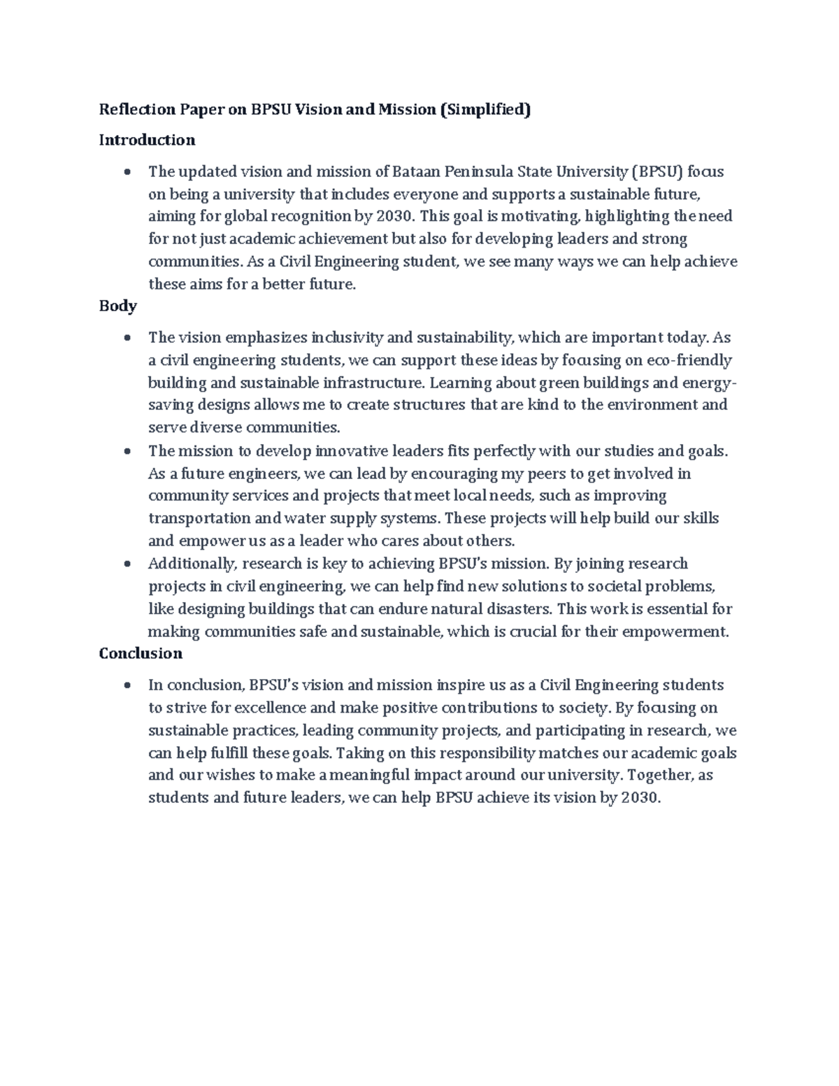 BPSU Vision & Mission Reflection Paper - Civil Engineering Insights ...