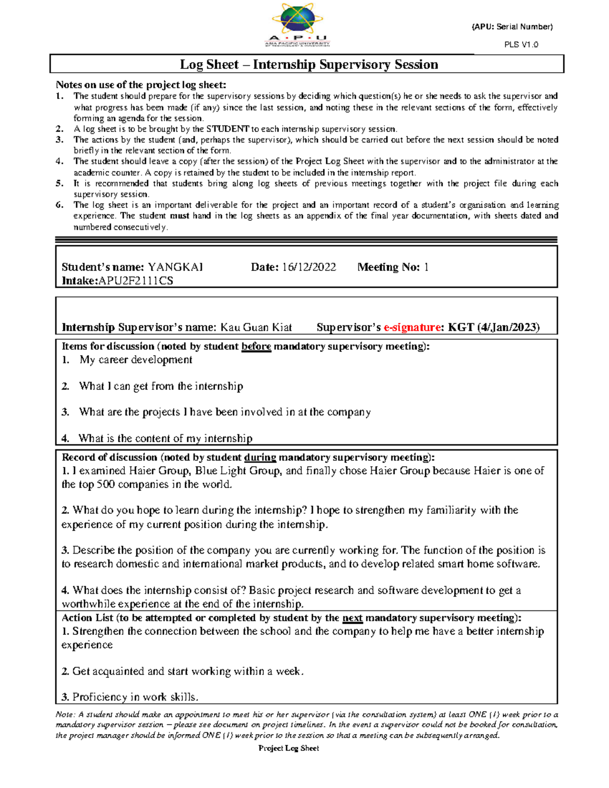 APU Internship Supervisory Project Log Sheet - Session 1 Report - Studocu