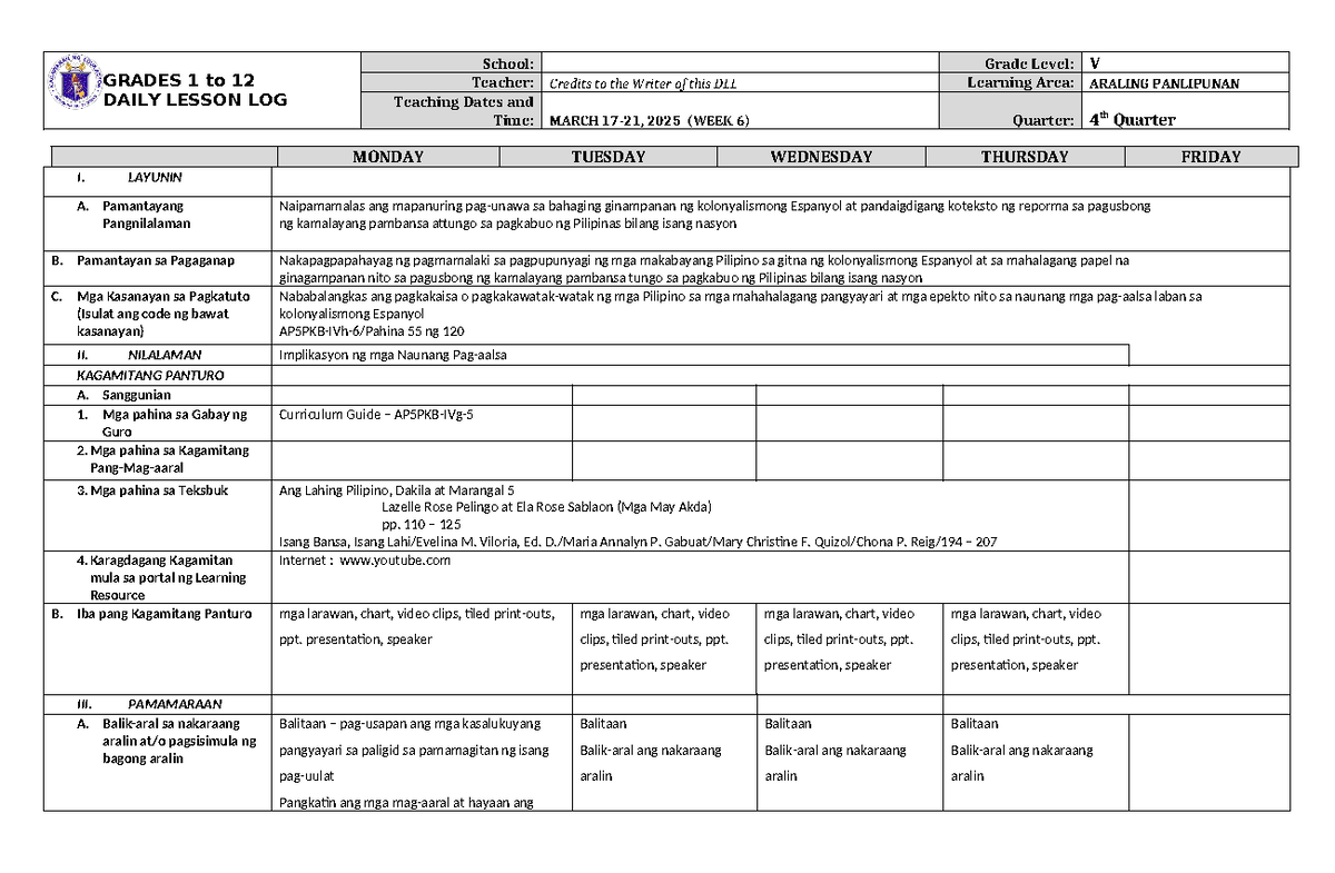 Grade 5 DLL Araling Panlipunan Q4 Week 6 Lesson Plan - Studocu
