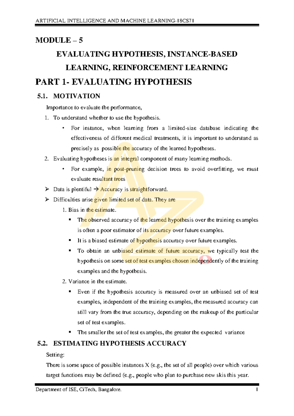 AIML MOD5 - cdcd - MODULE – 5 EVALUATING HYPOTHESIS, INSTANCE-BASED ...
