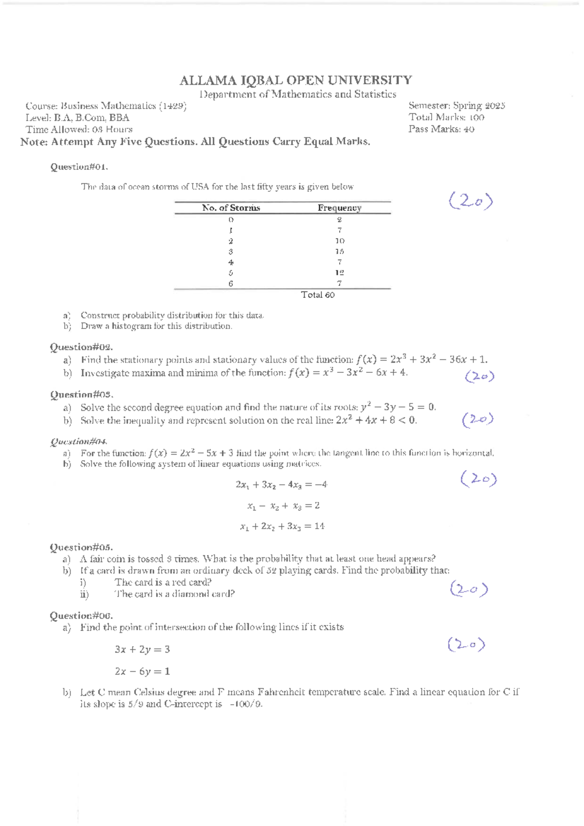 Business Mathematics (1429) Spring 2025 Question Paper - Studocu