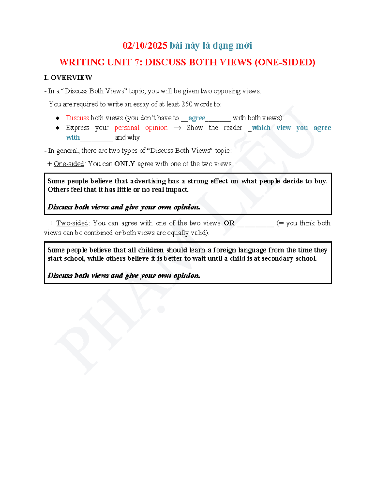 Writing Unit 7: Discuss Both Views (One-sided Essay) - Studocu