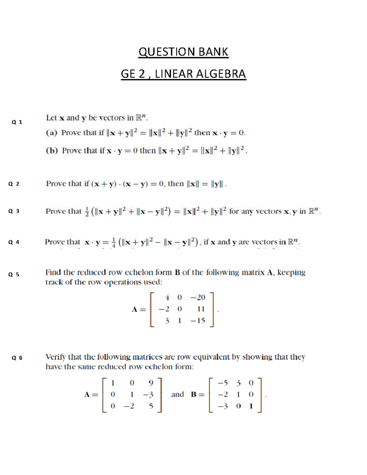 Question BANK GE 2 Linear Algebra SEM 2 - B.sc. Mathematics (Hons ...