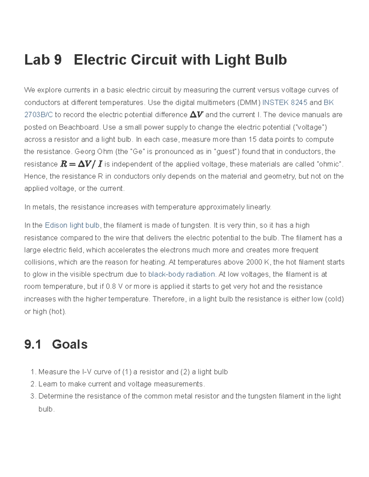 Lab 9: Exploring Electric Circuit Behavior with Light Bulb PHYS 152 ...