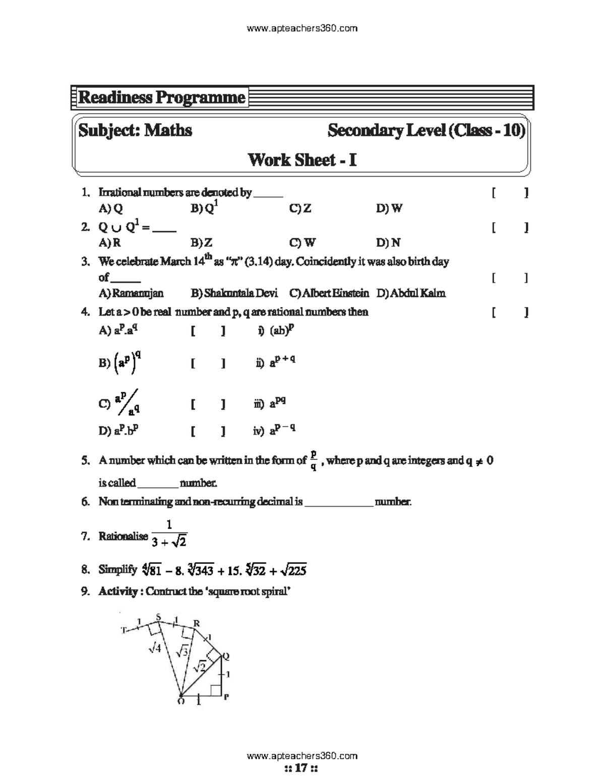 10th Maths EM - Readiness Programme Worksheets I-IV Summary - Studocu