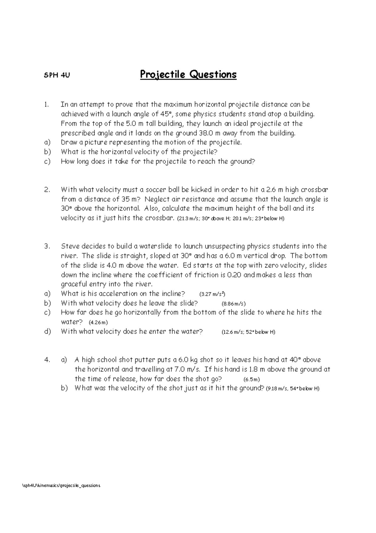 SPH4U Projectile Motion Questions and Solutions for Kinematics - Studocu