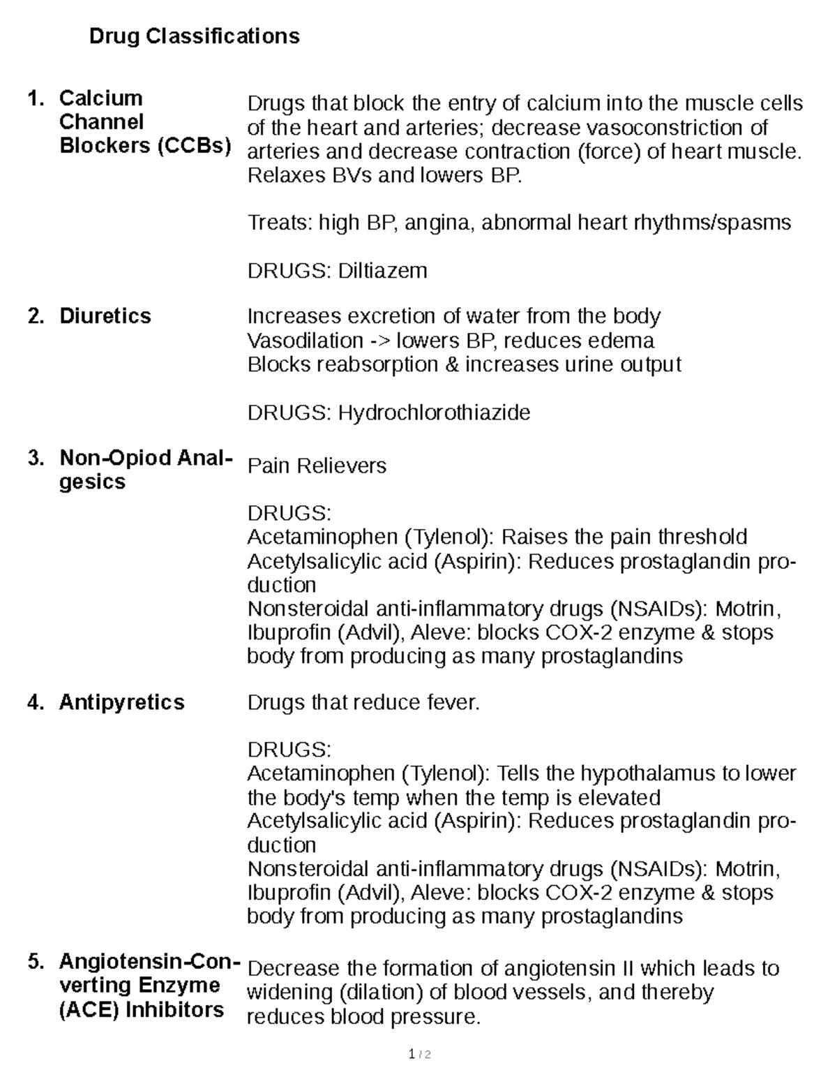 Drug Classifications - nursing notes - 1 / 2 Drug Classifications ...