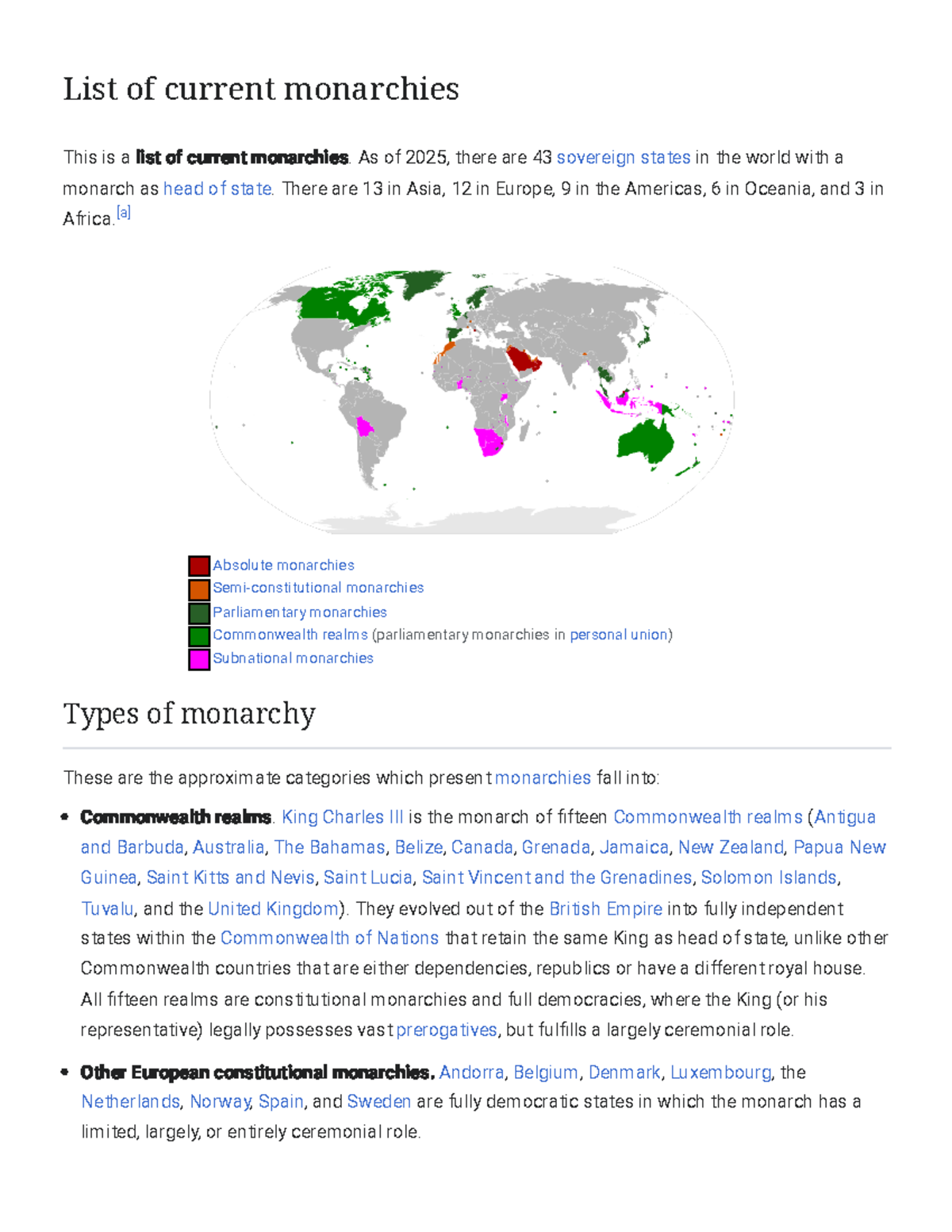List of current monarchies - Wikipedia - List of current monarchies ...