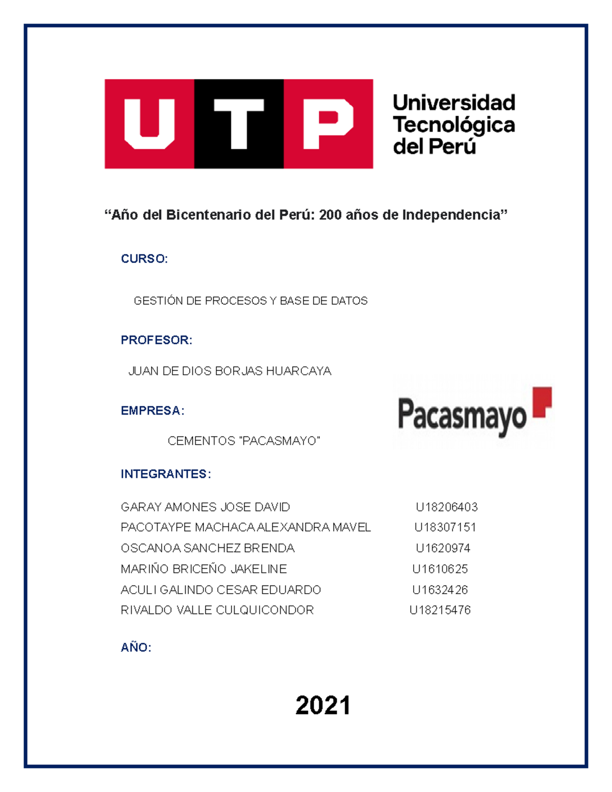 TA1 Gestion DE Procesos Y Bases DE Datos Grupo 2 - “Año del ...