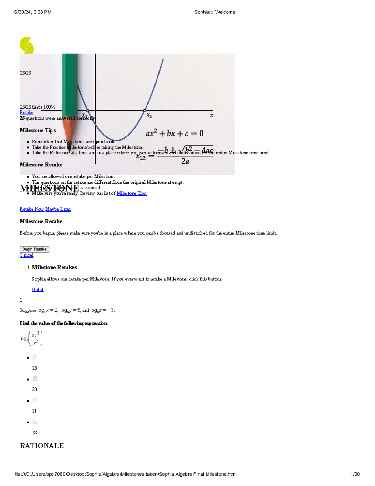 Algebra 101: Final Milestone Retake Tips and Concepts Review - Studocu