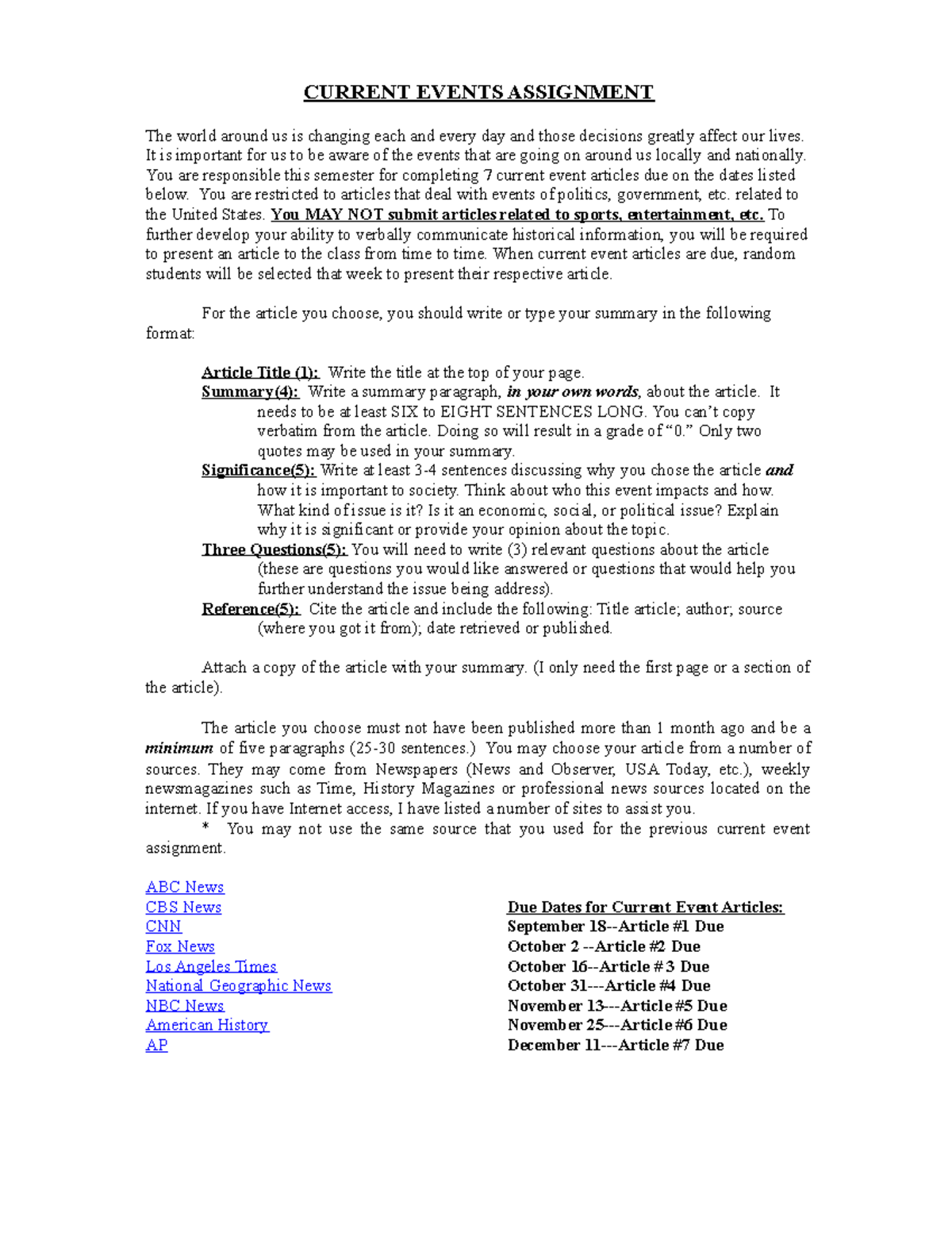 US Current Event Guidelines - CURRENT EVENTS ASSIGNMENT The world ...