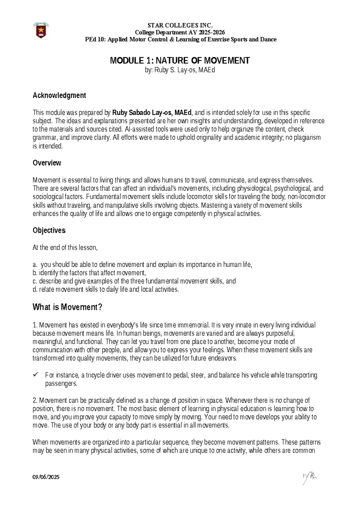 Module 1: Nature of Movement in PEd 10 - Applied Motor Control - Studocu