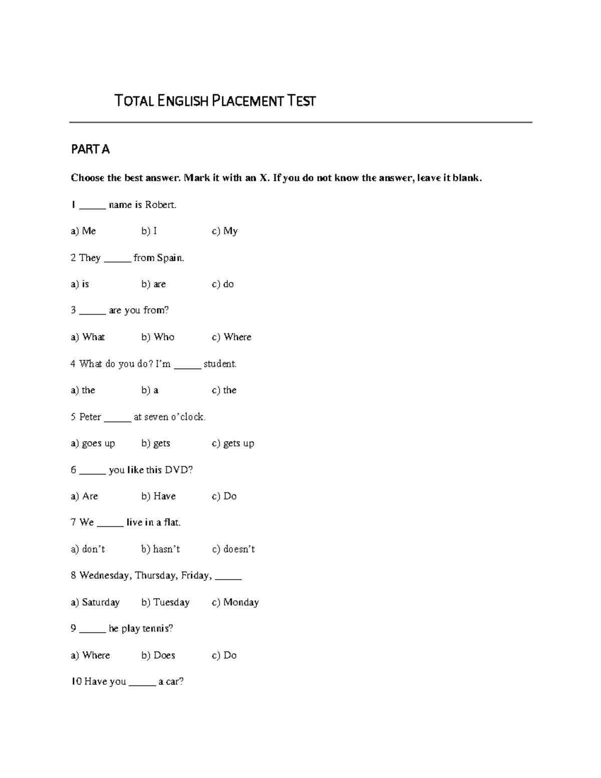 Total English Placement Test - TOTAL ENGLISH PLACEMENT TEST PART A ...