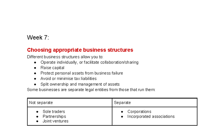 Week 7: Choosing Appropriate Business Structures (LAW 101) - Studocu