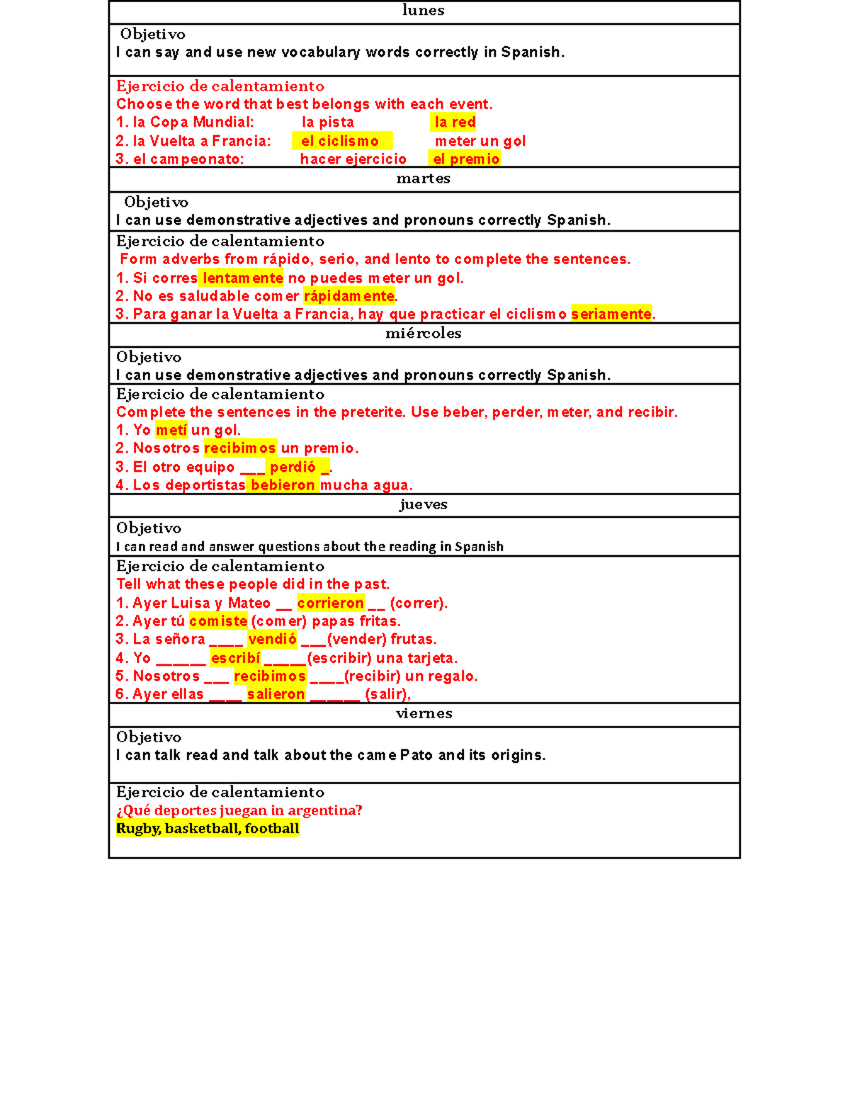 Spanish 2 ejercicio - lunes Objetivo I can say and use new vocabulary ...