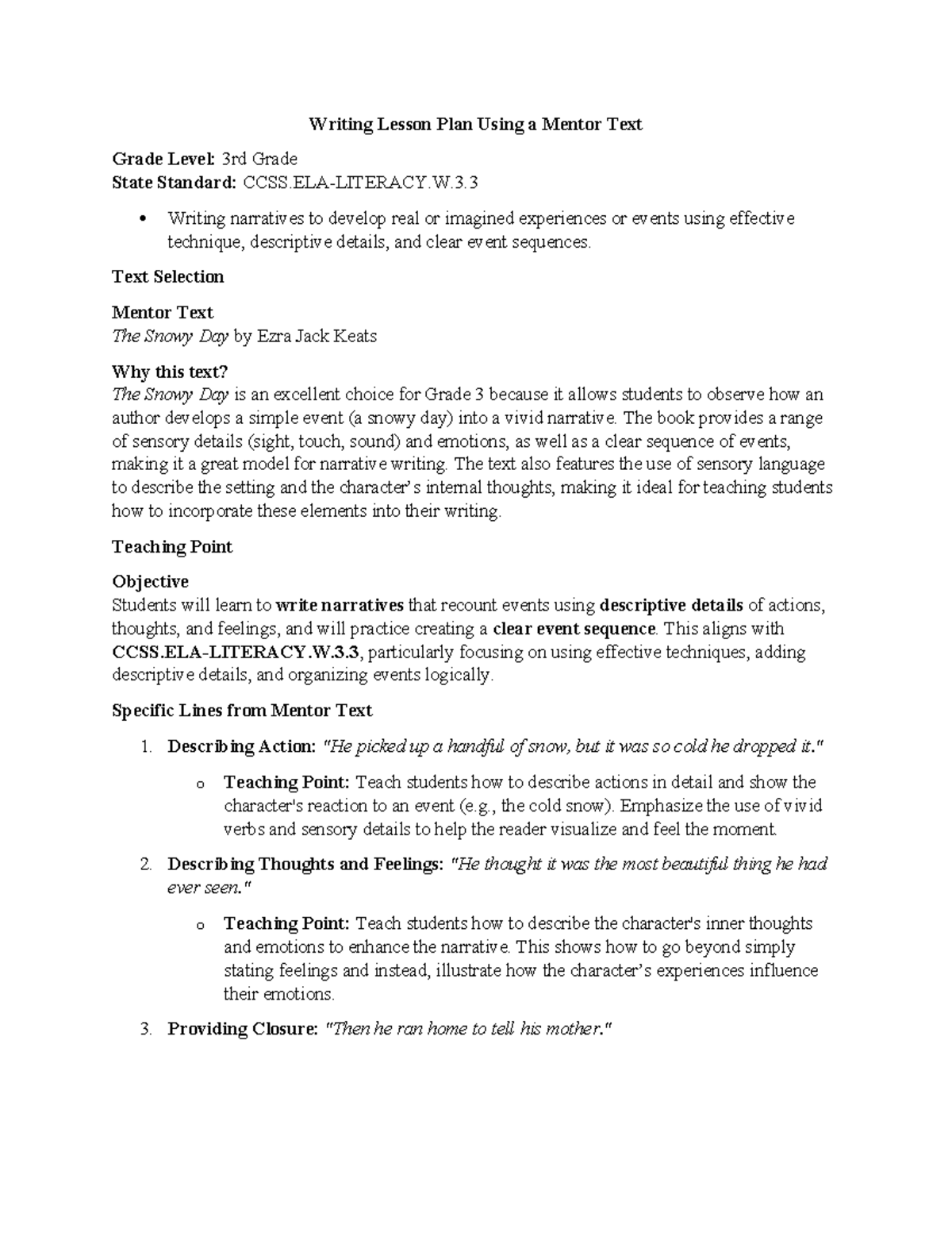 6004 Sec 7 Writing Lesson Plan Using "The Snowy Day" Text - Studocu