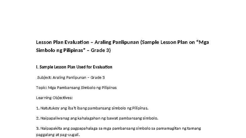 Lesson Plan Evaluation: Simbolo ng Pilipinas for AP 3 - Studocu