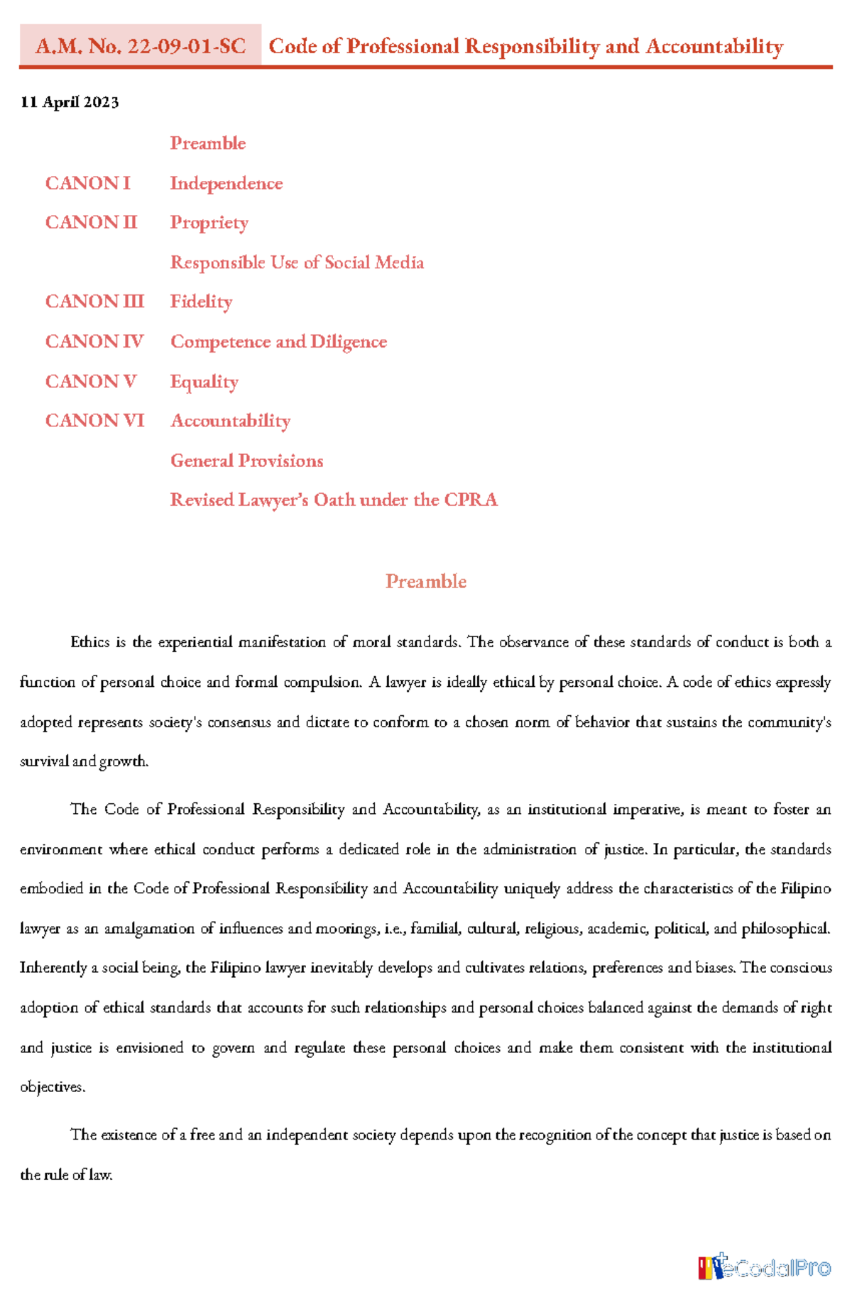 Code of Professional Responsibility and Accountability (CPRA) - A. No ...