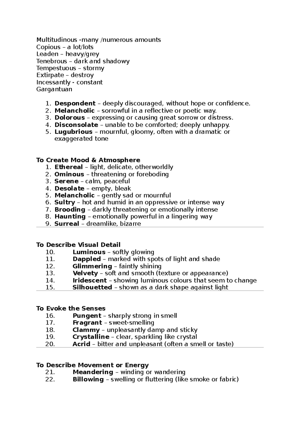 GCSE English Language Vocabulary List: Descriptive, Emotive ...