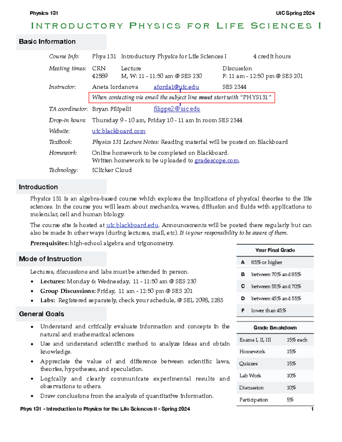 Phys 131 Syllabus: Introductory Physics for Life Sciences I - Spring 2024 - Studocu