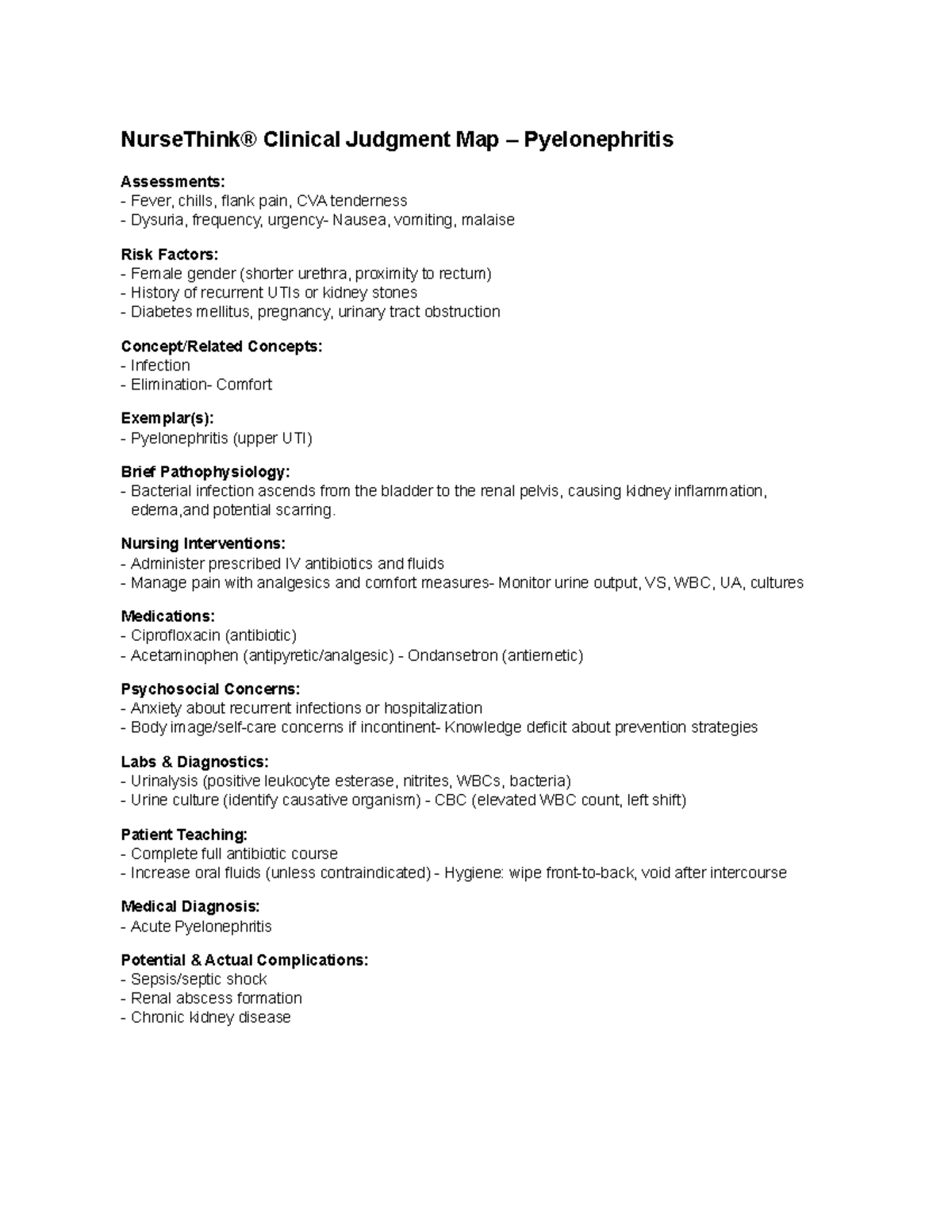 Clinical Judgment Map: Pyelonephritis Assessments & Interventions (CJE ...