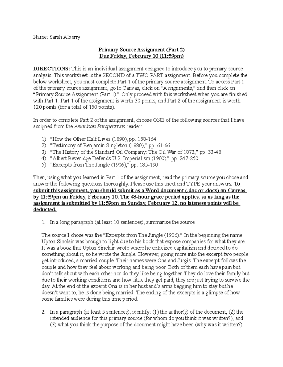 HIST 1302 Primary Source Assignment - Name: Sarah Alberry Primary Source Assignment (Part 2) Due ...